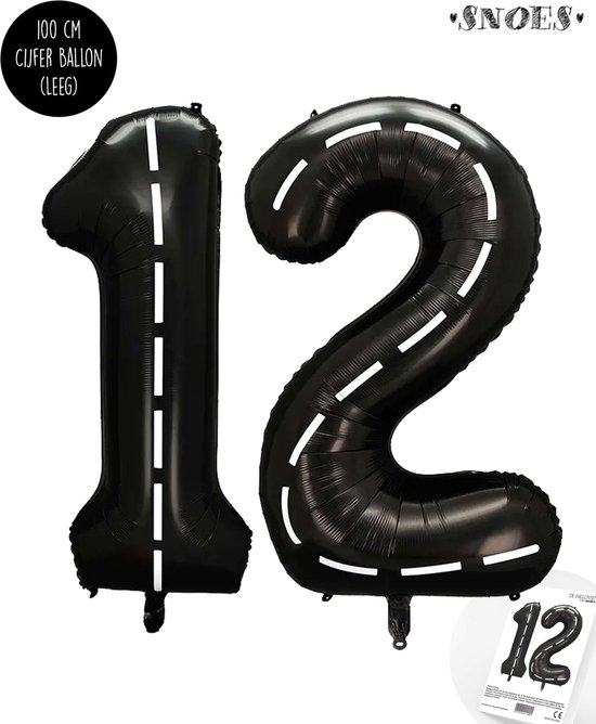 Cijfer Helium Folie Ballon XXL - 12 jaar cijfer - Zwart - Wit - Race ...