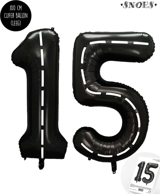 Cijfer Helium Folie Ballon XXL - 15 jaar cijfer - Zwart - Wit - Race ...