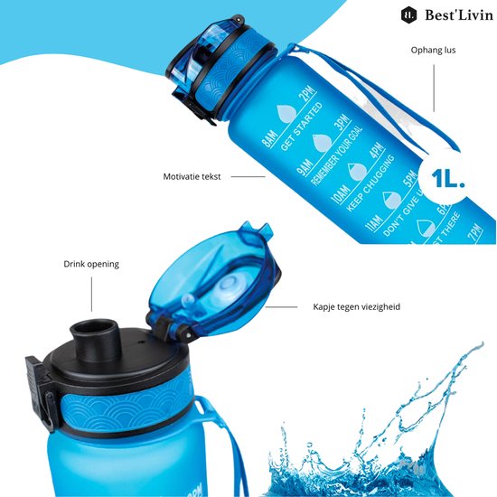 Motivatie Waterfles blauw - Drinkfles met rietje - Waterfles 1 liter ...