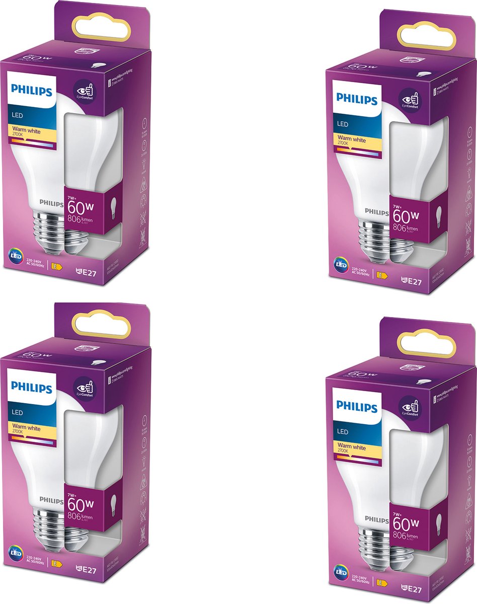 Philips LED Lampen E27 - 60W - Warmwit Licht - Niet Dimbaar - 4 Stuks ...