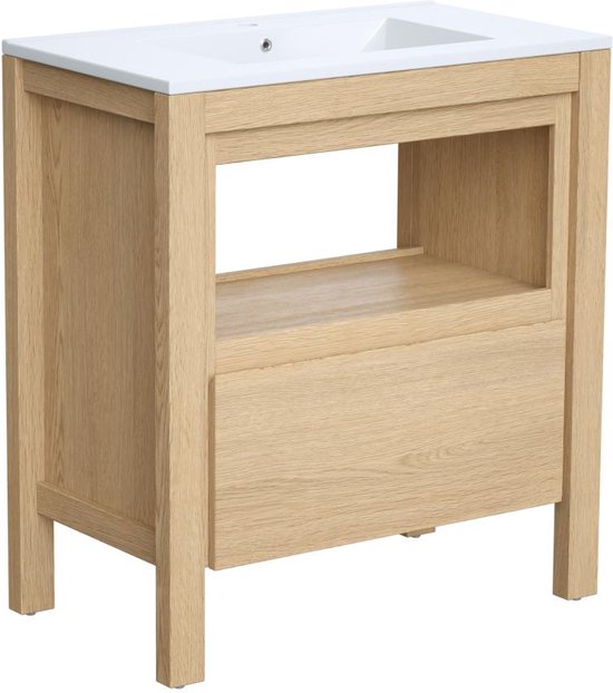 Wastafelmeubel met inbouwwastafel - Eikenfineer - 80 cm - COSMOTI L 80 ...