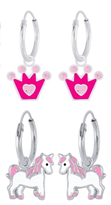 Joy|S - Zilveren kroontje en eenhoorn oorbellen - oorringen set - 2 paar - kinderoorbellen | bol