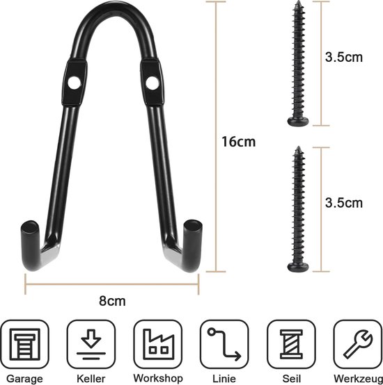Set van 6 garage-muurhaken, dubbele haken, garage-opberghaken, metalen ...