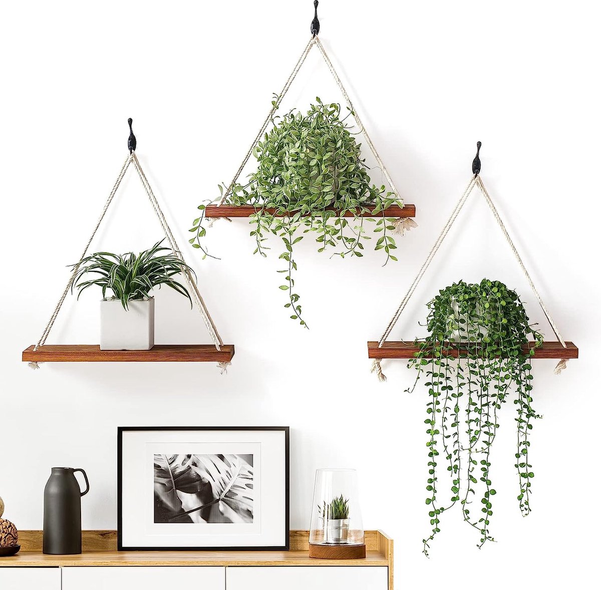 Macramé bruine hangplank, set van 3 zwevende planken, plantenplanken ...