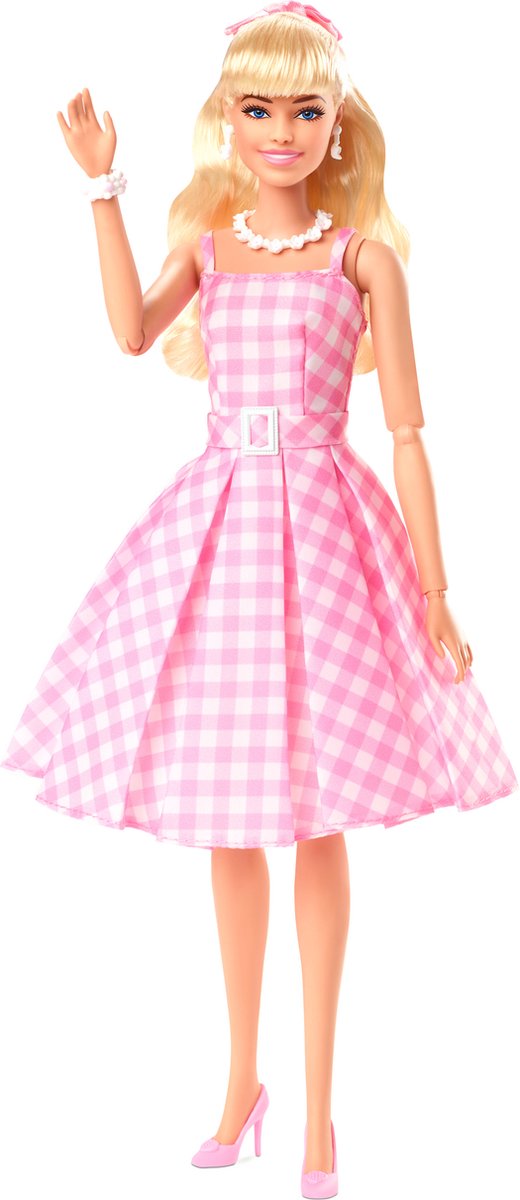 Barbie - La poupée du film - Margot Robbie - Robe à carreaux rose et blanc - Poupée Barbie | bol.com