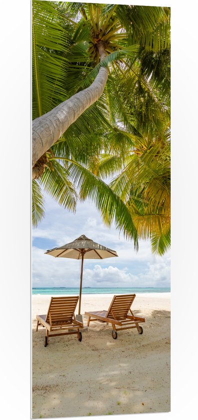 PVC Schuimplaat - Schuingroeiende Palmboom boven Ligbedden en Parasol ...