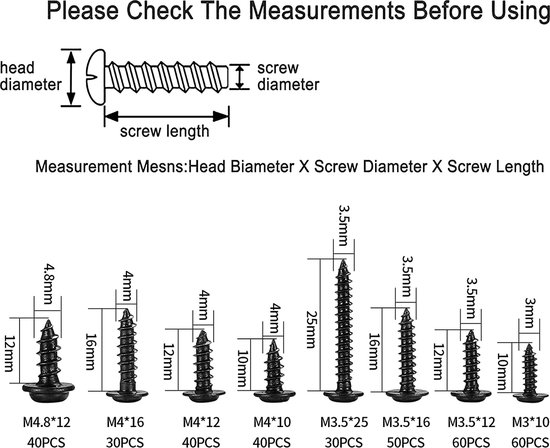 Assortiment van 350 zwarte koolstofstalen schroeven voor carrosserie, machines,... | bol