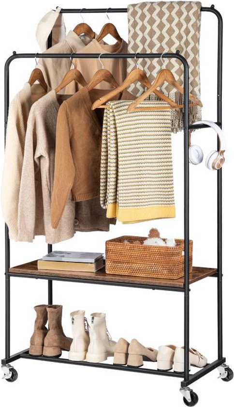 Kledingrek zwart op wielen 80 x 40 x 155 CM - Kleding rek metaal 2 ...