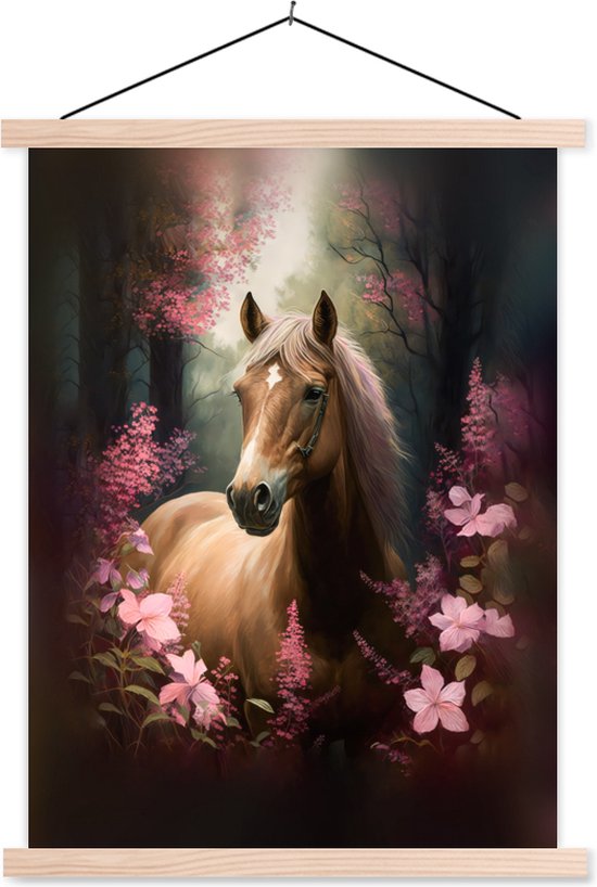 Posterhanger incl. Poster 60x80 cm - Schoolplaat - Paard - Bloemen - Roze - Natuur -... | bol
