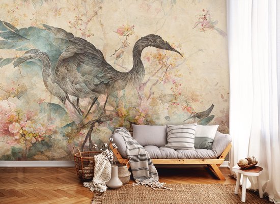 Vliesbehang - Fotobehang - Vogel - Kunst - Abstract - Bloemen - 70x104 cm (Hoogte x... | bol