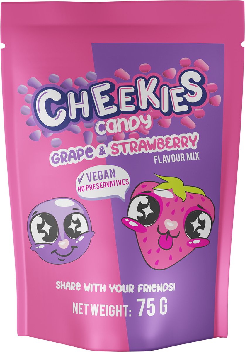 Cheekies USA Candy Dragee Grape-Strawberry Mix 23x75gr | bol