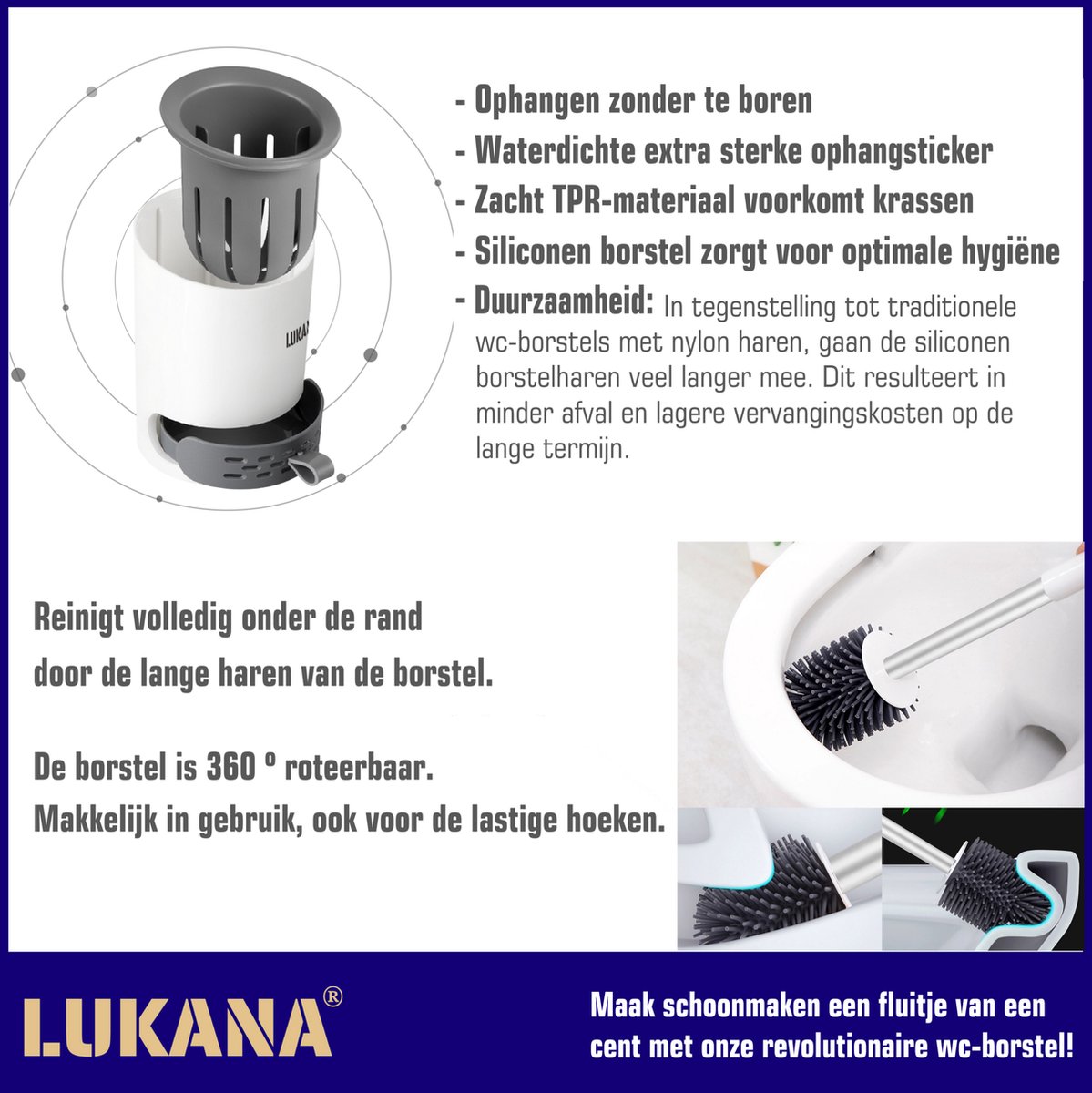Lukana Siliconen WC Borstel - Vrijstaand of Hangend - Sneldrogend ...
