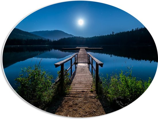 PVC Schuimplaat Ovaal - Vlonder op het Water naar Wazige Zon - 56x42 cm ...