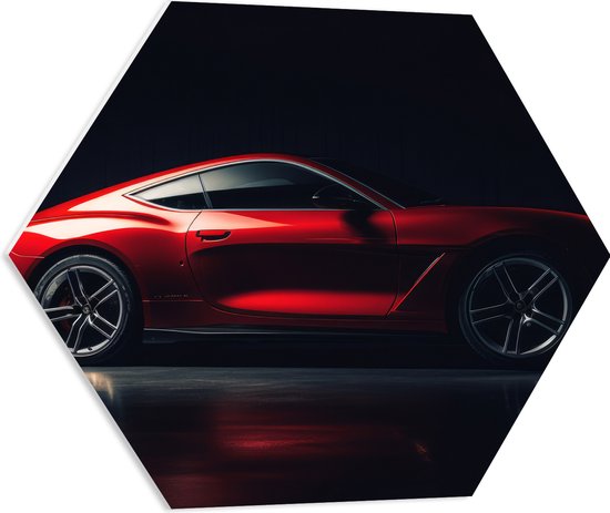 PVC Schuimplaat Hexagon - Zijkant van Rode Sportauto tegen Zwarte ...