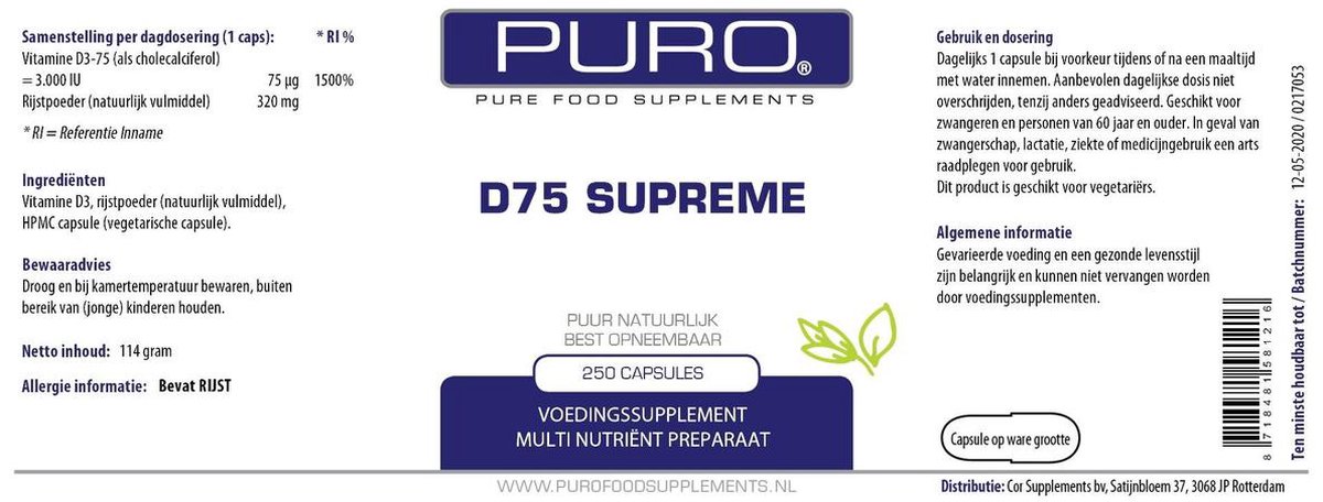 Puro D75 Supreme Vitamine D3 75mcg 250 Capsules | bol.com