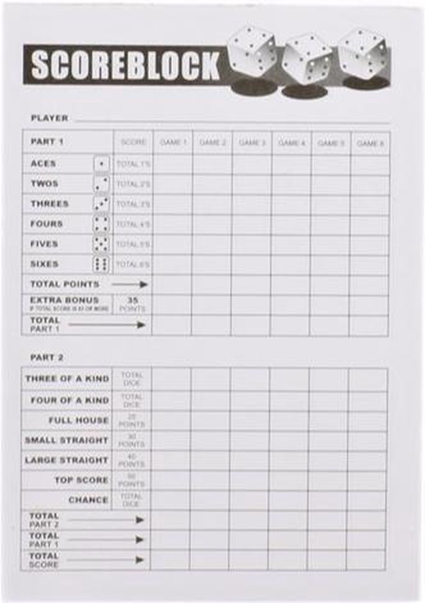 Scoreblok - Yahtzee - Scoreblad - 100 vellen - Spelblad - Score blok ...