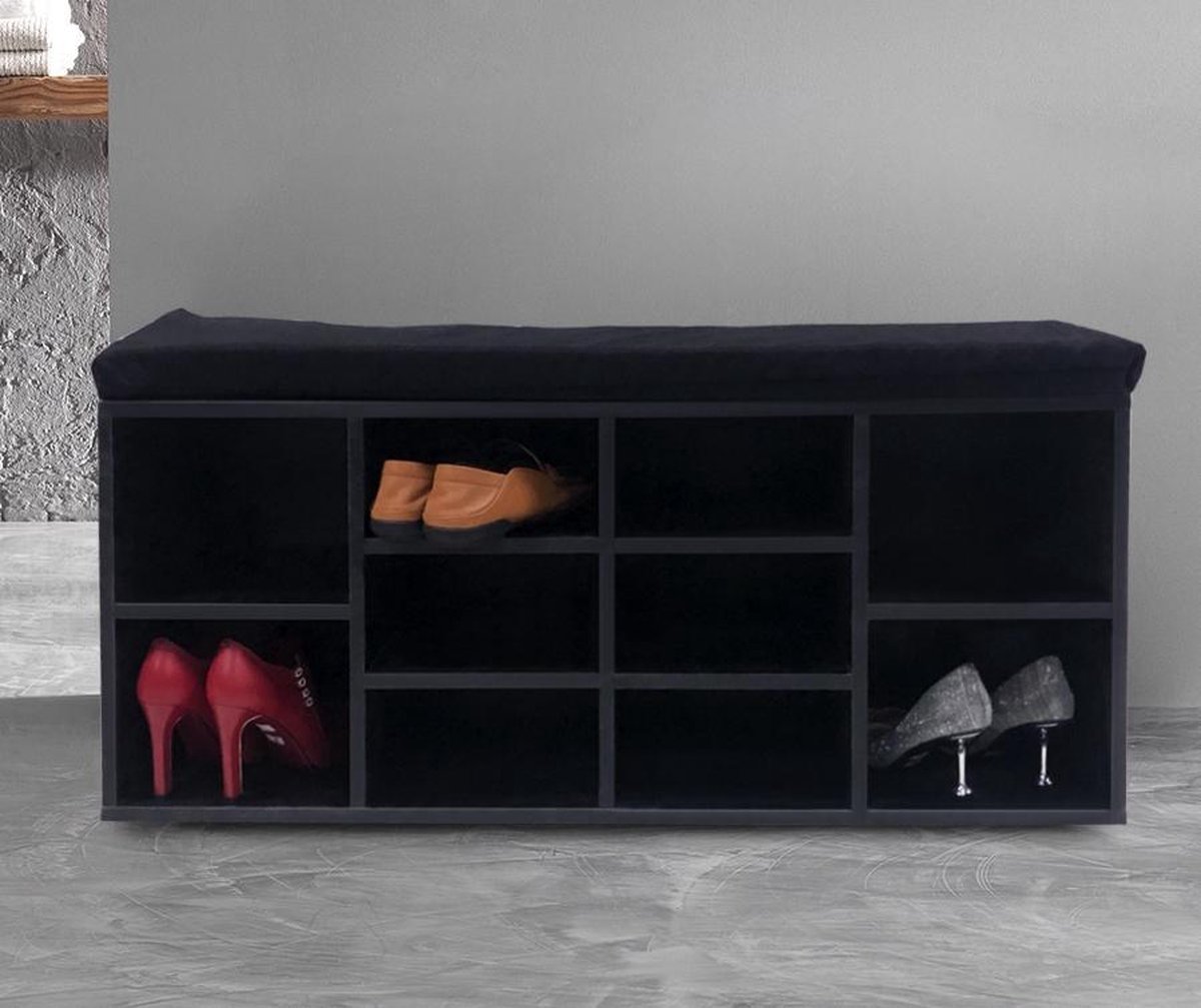 Schoenenkast hal bankje gang - schoenenrek - met zitkussen - zwart ...