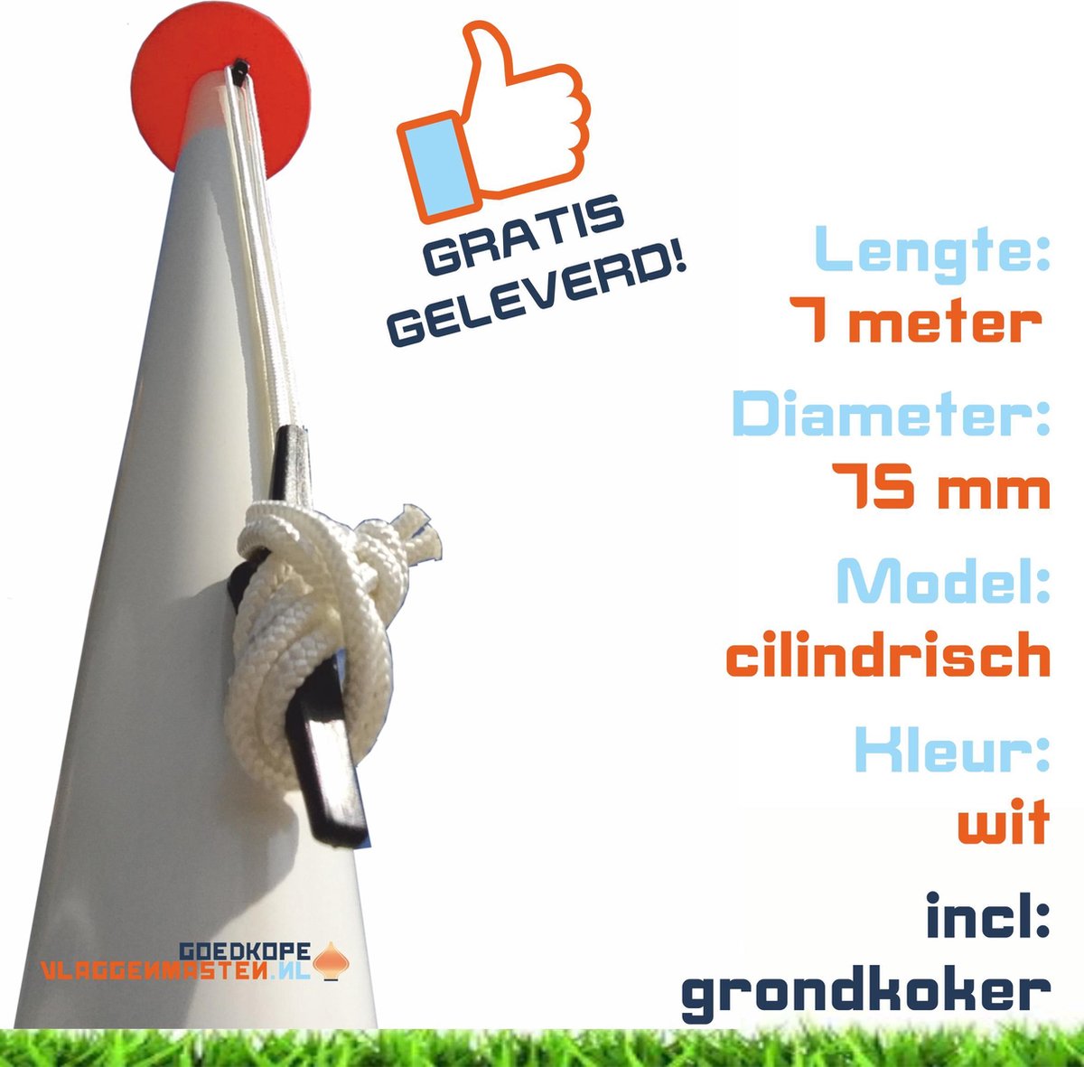 Vlaggenmast 7 meter aluminium incl. kikker, koord, oog en grondkoker, wit gecoat,... | bol.com