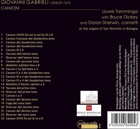Liuwe Tamminga, Bruce Dickey, Doron Sherwin - Gabrieli: Canzoni (CD ...