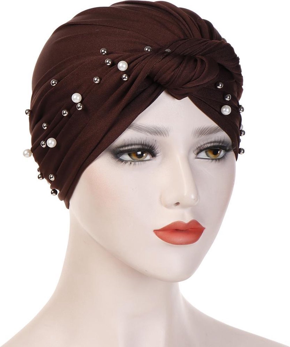 Jersey Turban With Pearls Donker bruin - Hijab - Hoofddoek - Jersey ...