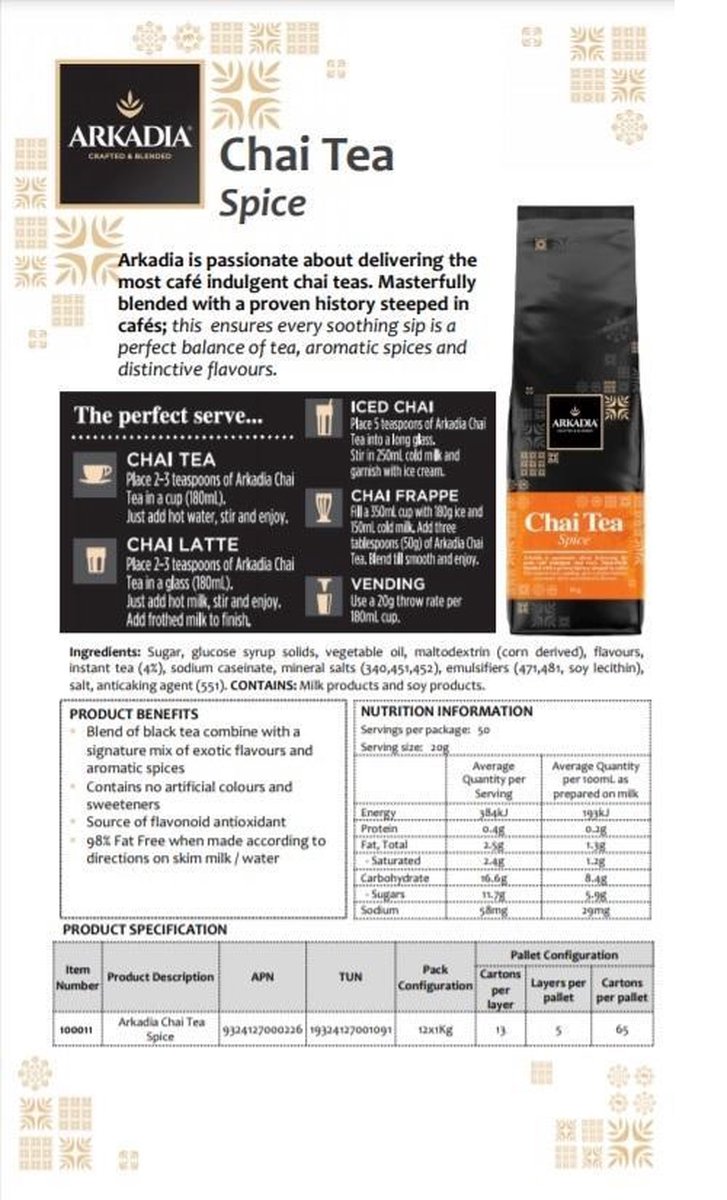 Arkadia Chai Latte Tea Spice Orginal 1kg Powder Cafe Beverage | bol.com
