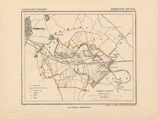 Historische kaart, plattegrond van gemeente Bunnik in Utrecht uit 1867 ...