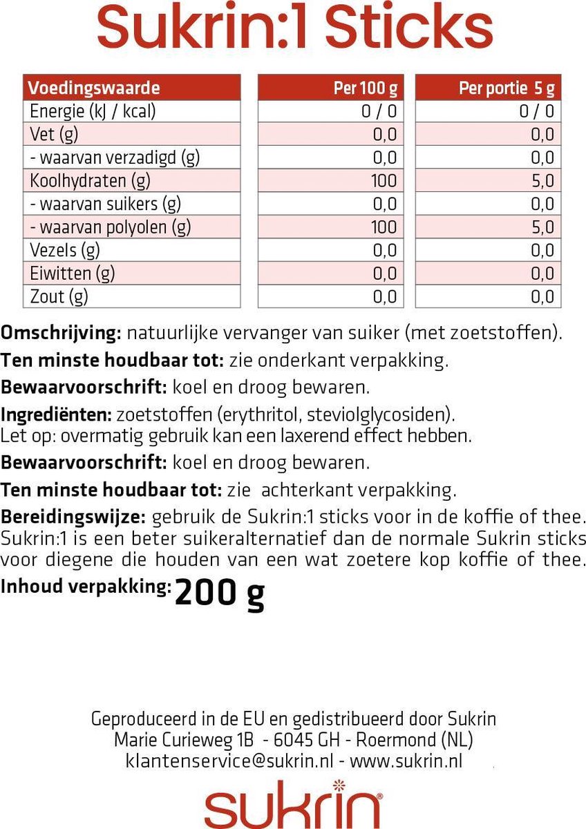 Sukrin:1 Sticks (40 stuks) - Bevat Erythritol - Natuurlijke ...