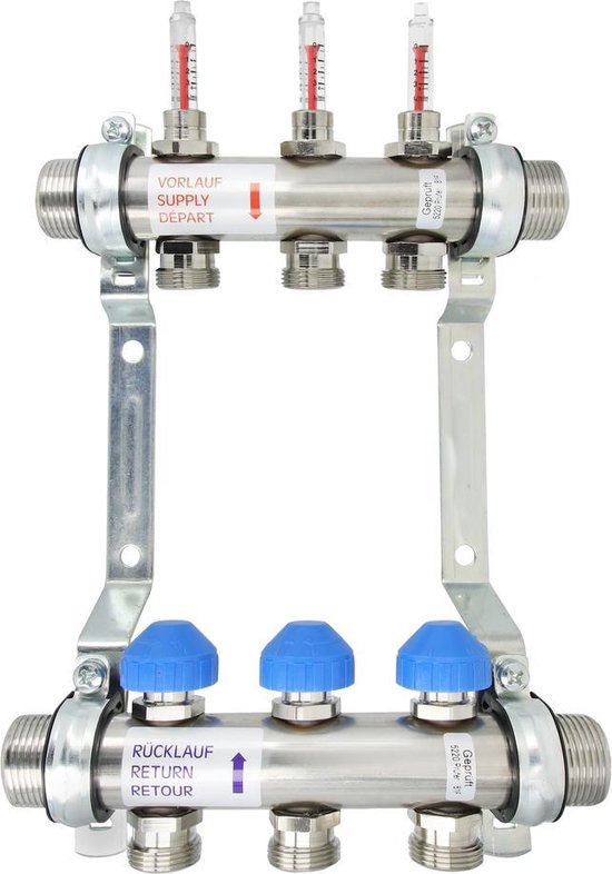 RVS (vloer) verwarming verdeler 3 circuits 1" met doorstroommeters | bol