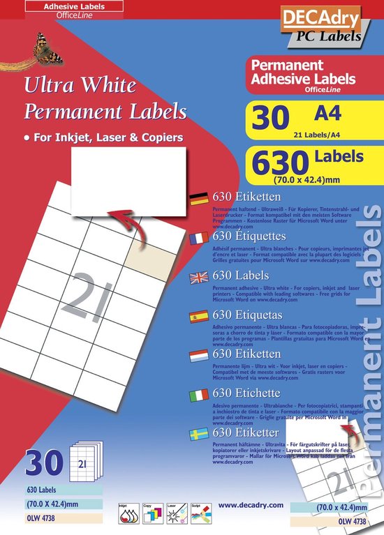 DECAdry Etiketten / Labels 70 x 42,4 mm | bol