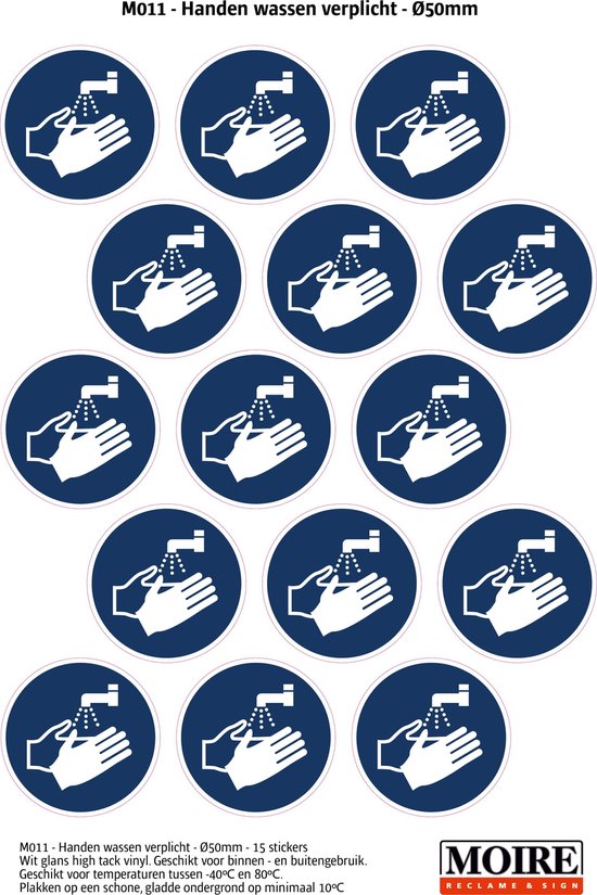 Pictogram sticker 75 stuks M011 - Handen wassen verplicht - 50 x 50mm ... Pictogram sticker 75 stuks M011 - Handen wassen verplicht - 50 x 50mm ...