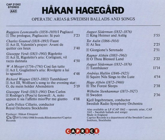Operatic Arias/swedish Ballads And Songs, Hakan Hagegard | CD (album ...