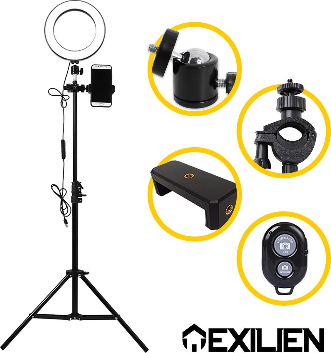Exilien led ringlamp flitser set met camera statief en telefoonhouder ...
