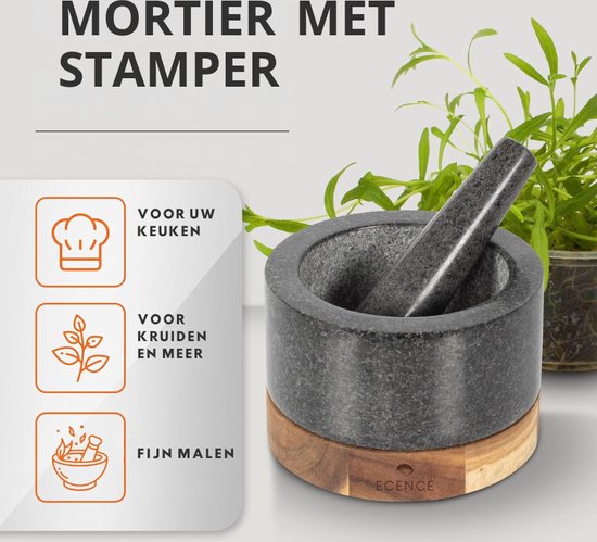 Vijzel met Stamper - Graniet en Hout - Ø15,5cm - Duurzaam en Stijlvol ...