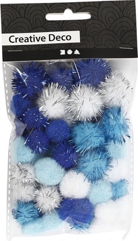 Knutsel pompons - 48x - wit/blauw - 15-20 mm - hobby bolletjes ...