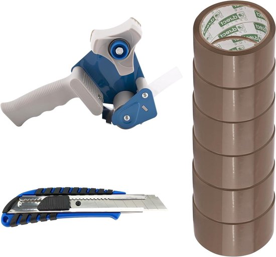 Handafroller voor pakband - 6 bruine rollen 50m x 48mm - inclusief ...