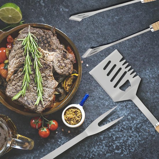 3-delige BBQ grillbestek-set met grilltang-spatel-vleeszaag-flesopener ...