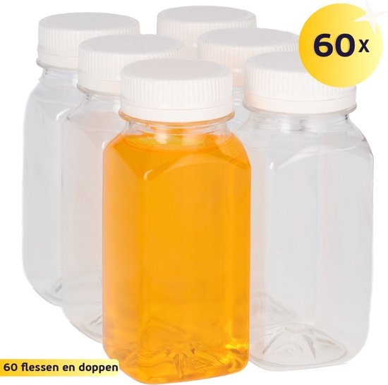 60x Sapfles Plastic 75 ml - Vierkant - PET Flessen met Dop, Sapflessen ...