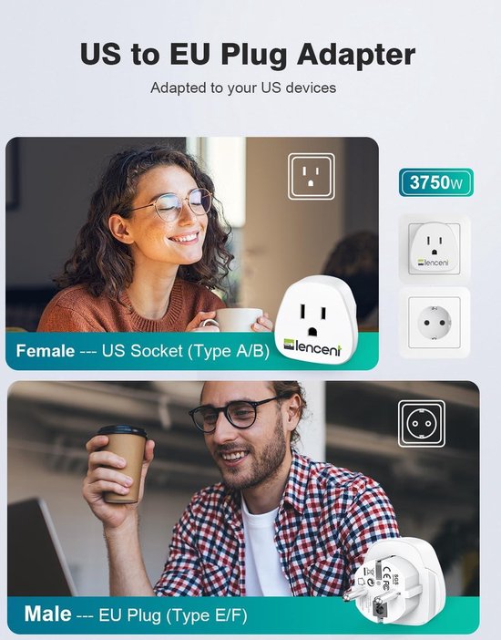2X reisadapterstekker EU naar VS DE-stopcontact Schuko ...