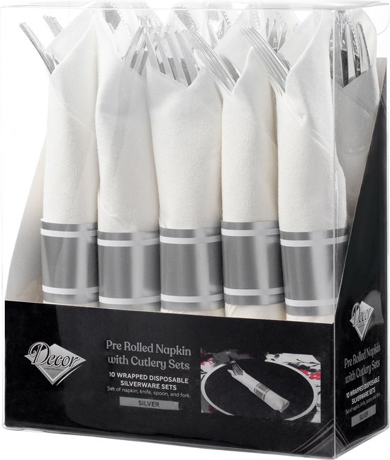 Decorline-40-delig Herbruikbare zilver plastic bestekset met servetten ...