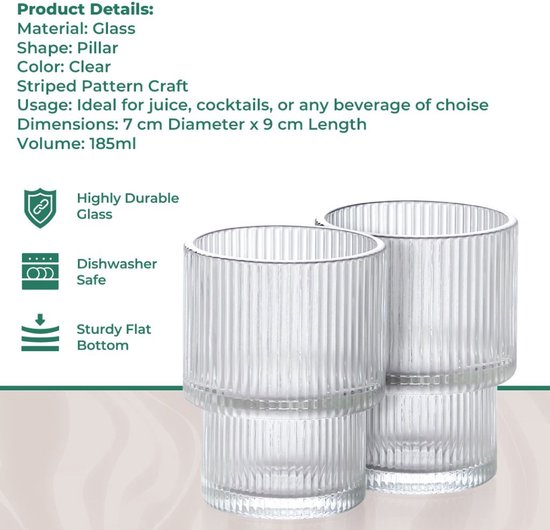 Geribbelde Drinkglas- koffie glas – 185 ml – Set van 6 - cocktailglazen ...
