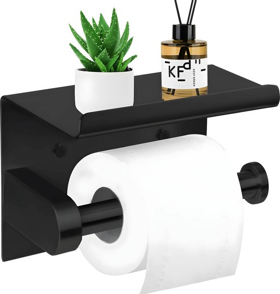 WC Rolhouder met Plankje - Zwart - 3M Zelfklevend - Toiletrolhouder ...