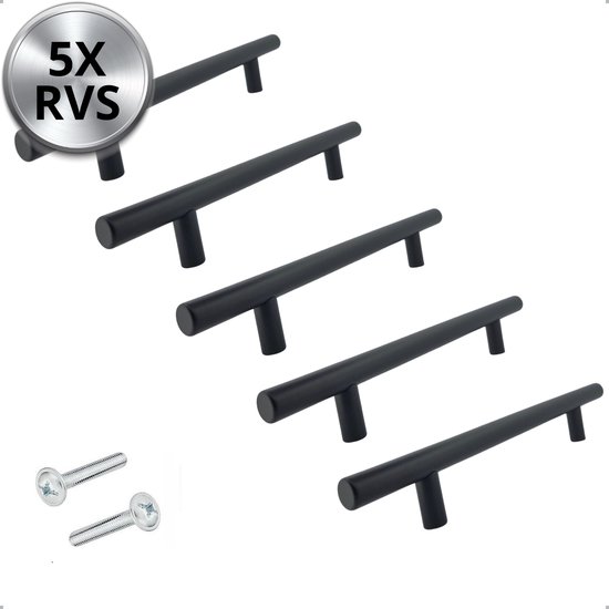 RVS T-greep Denver zwart SET 5 stuks - Hartafstand 128mm - Zwart ...