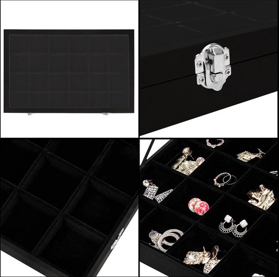 Velours Sieraden Organiser Display Doos Tray 24 Secties & Glazen Deksel ...
