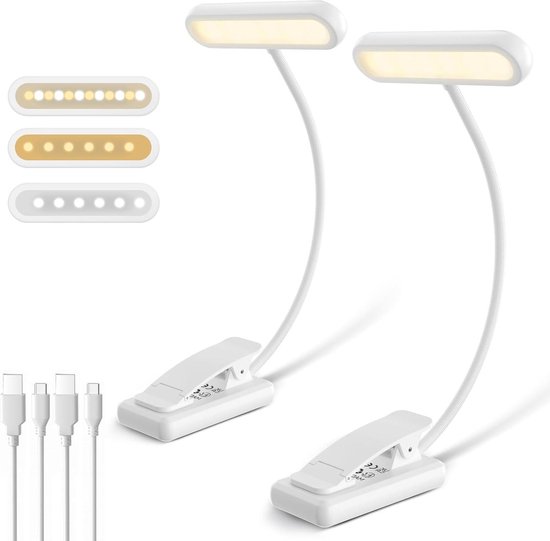 Oplaadbare leeslamp met type-C-kabel clip - 2 stuks [3 kleuren en 10 ...