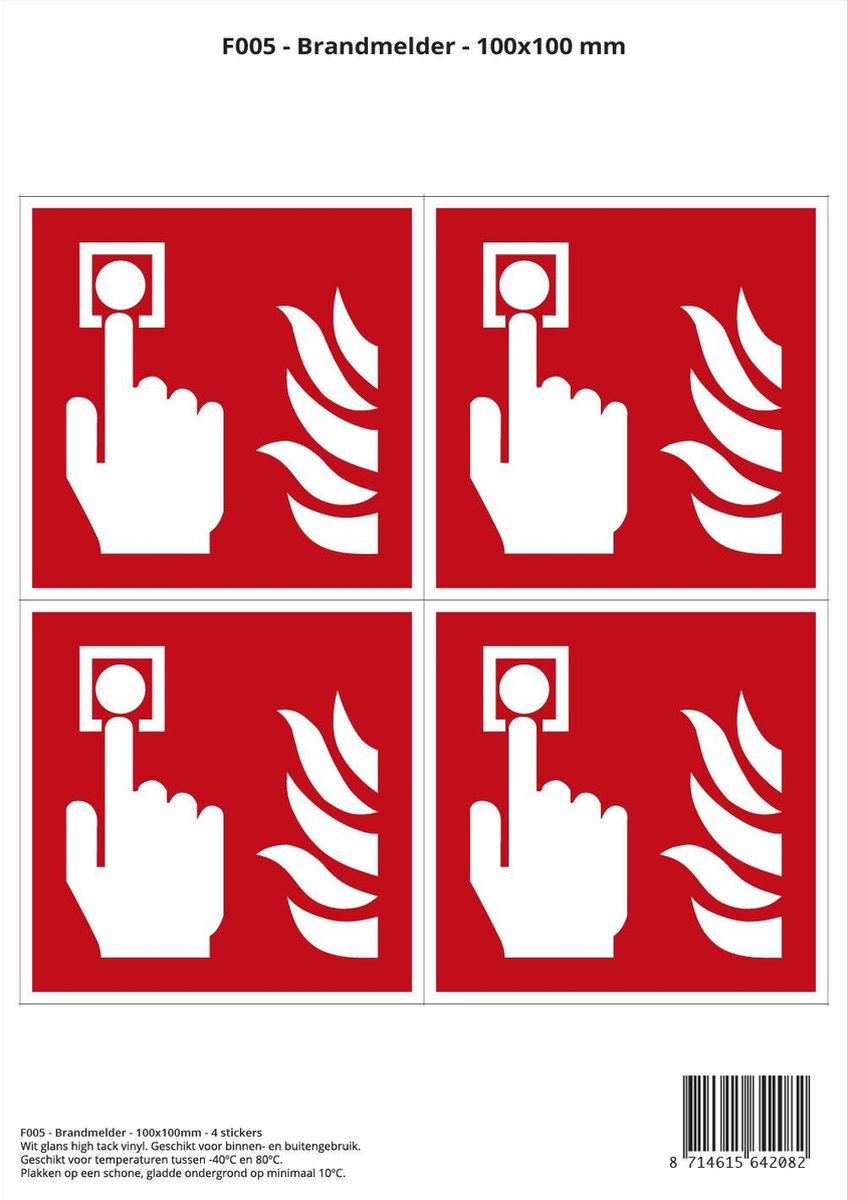 Pictogram sticker F005 - Brandmelder - 100x100mm - 4 stickers op 1 vel ...