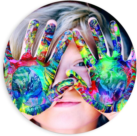 Forex Wandcirkel - Kindje met Verf Handjes - 90x90cm Foto op Wandcirkel ...