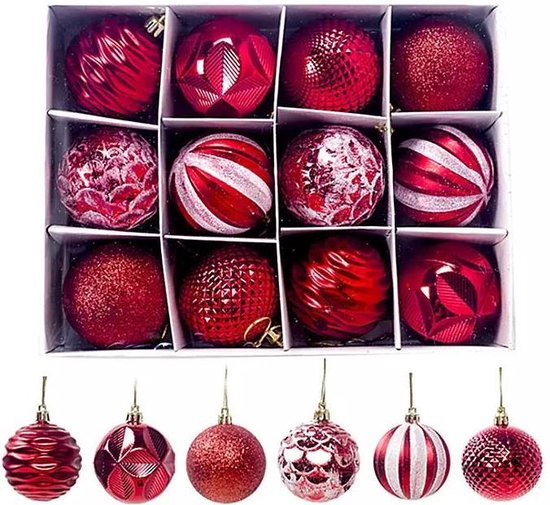 Rode Kerstballen set - 12 Stuks - 6cm - Diverse Patronen - Glitter ...