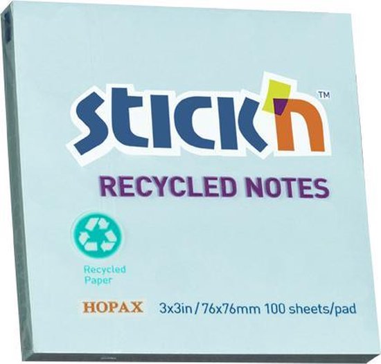 Stick'n recycled sticky notes - 76x76mm, pastel blauw, 100 memoblaadjes ...