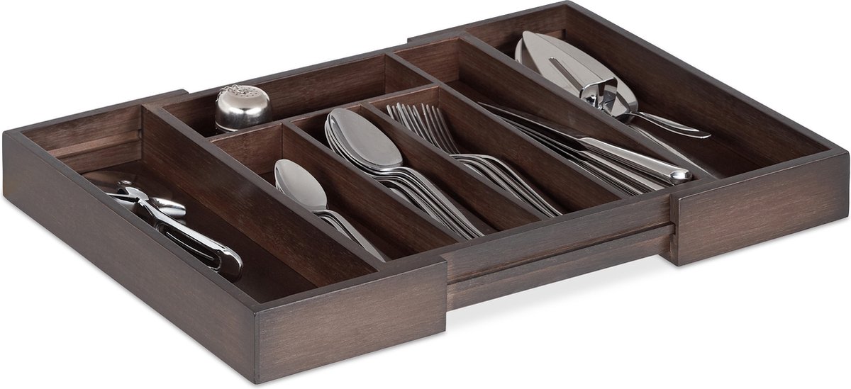 Relaxdays bestekbak bamboe donkerbruin - bestekcassette - uitschuifbaar ...