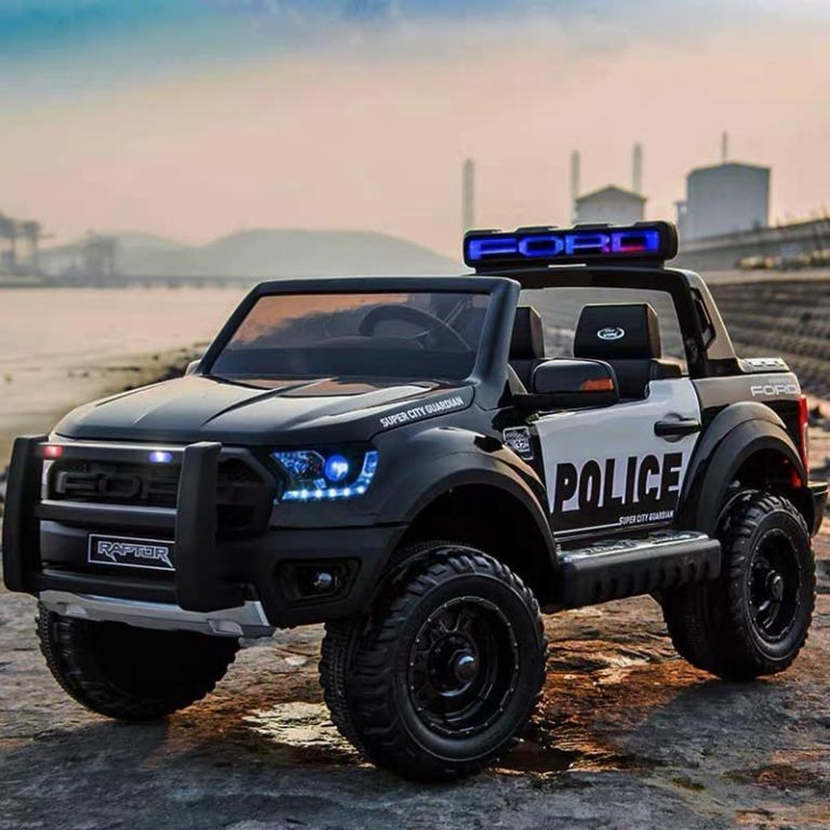 Elektrische Politie Kinderauto Ford Raptor 4x4 Zwart 2 persoons 24V Met ...